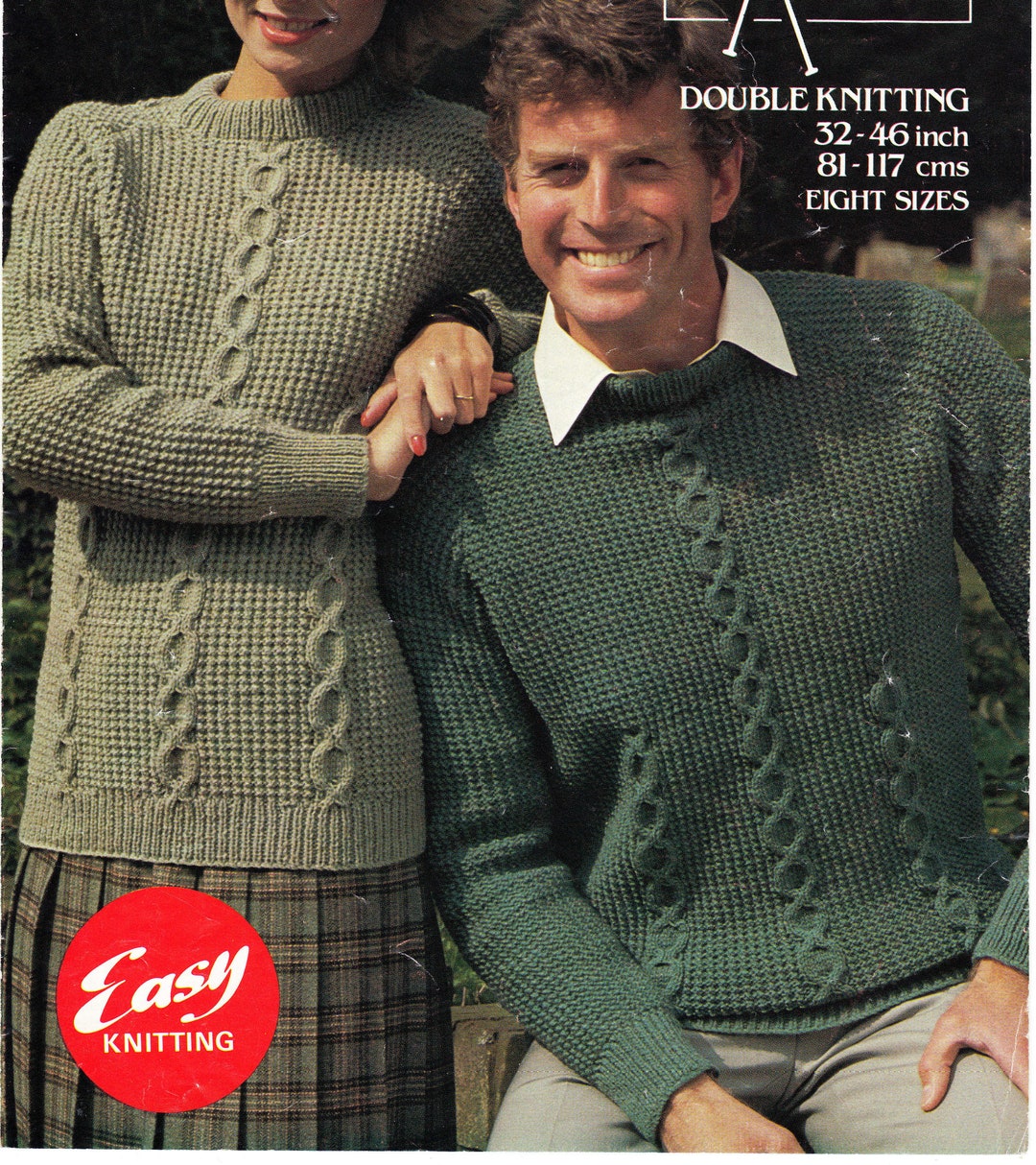 Man's Woman's Moss Stitch & Cable Crew Neck Sweaters Jumpers, DK 8pply ...