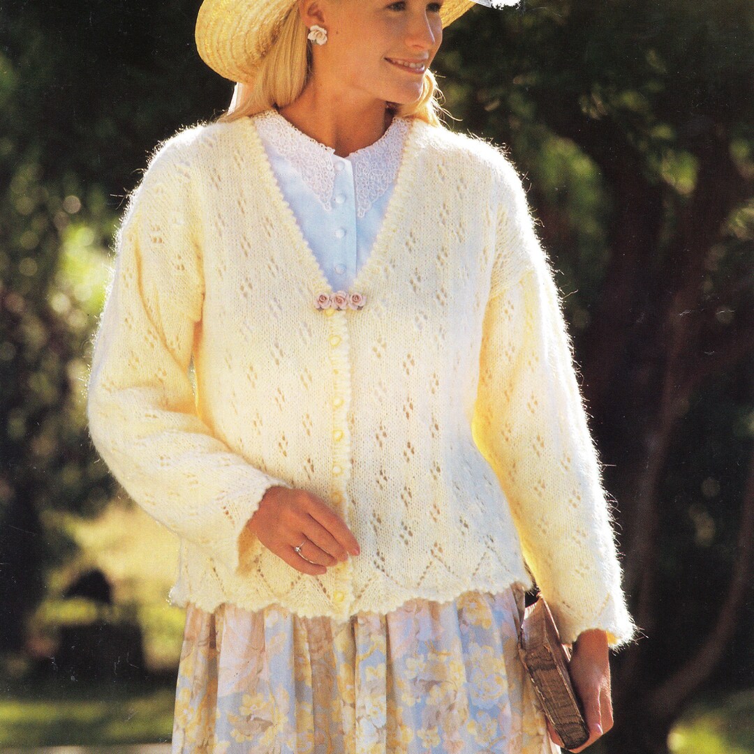 Woman's Lacey Cardigan With Frilled Hem- Picot Edging V Neck Drop ...