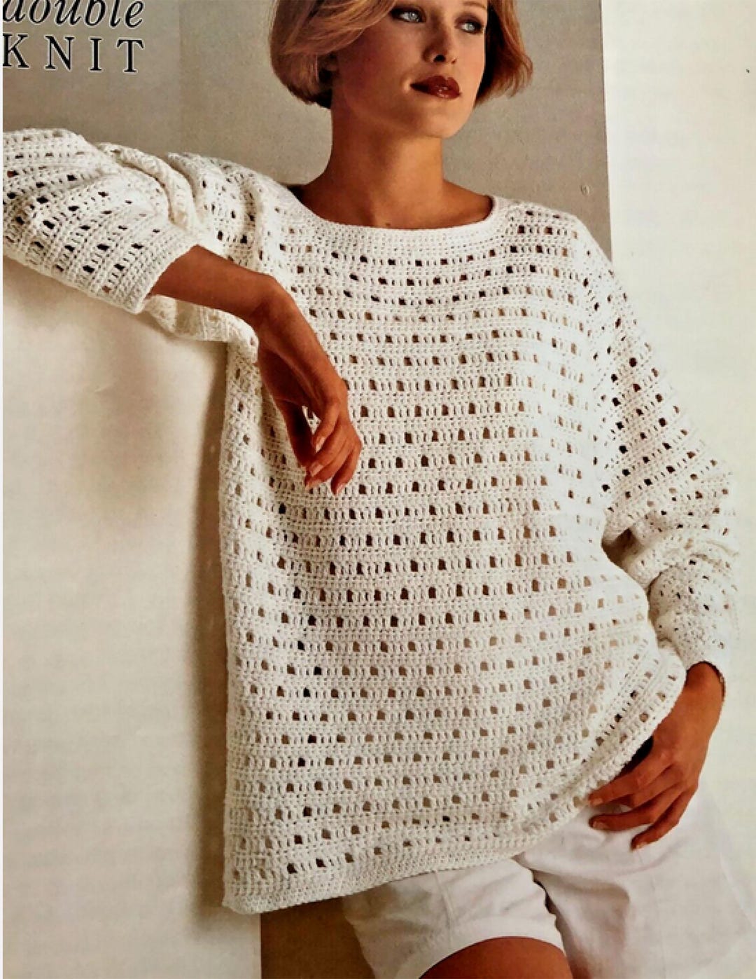 Ladies Lacy Crochet Pullover Sweater Long Sleeves Round Neck DK 8 Ply ...