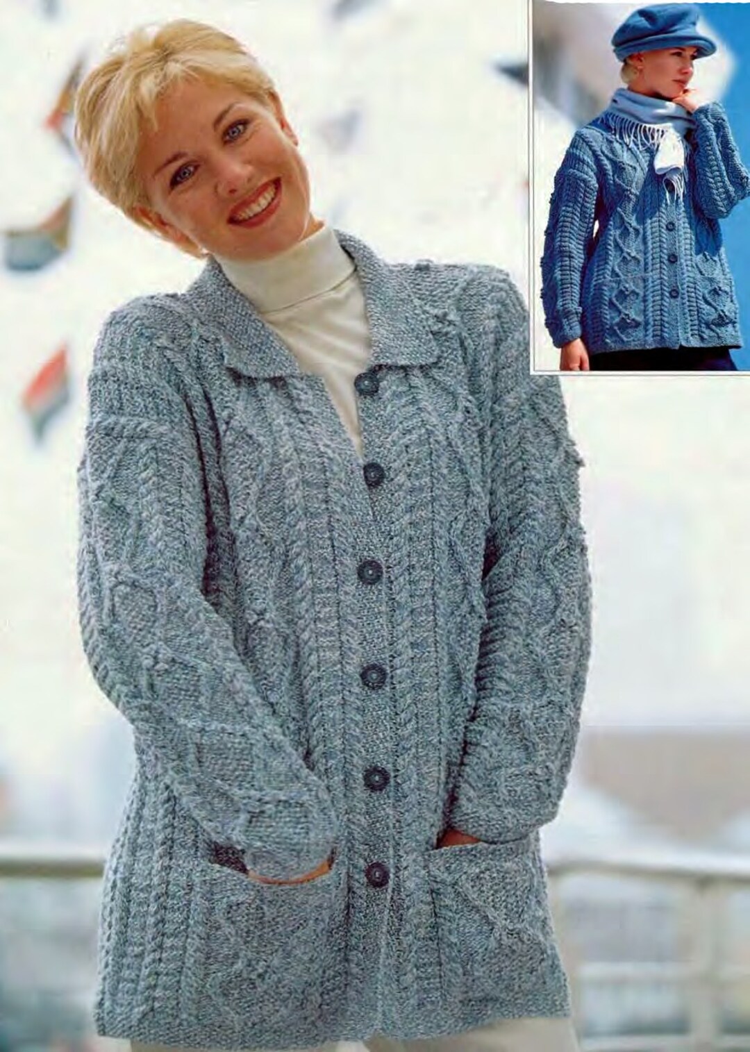 Ladies Long Cable Cardigan in DK- Pockets- Collar Fits 30-46" Chest ...