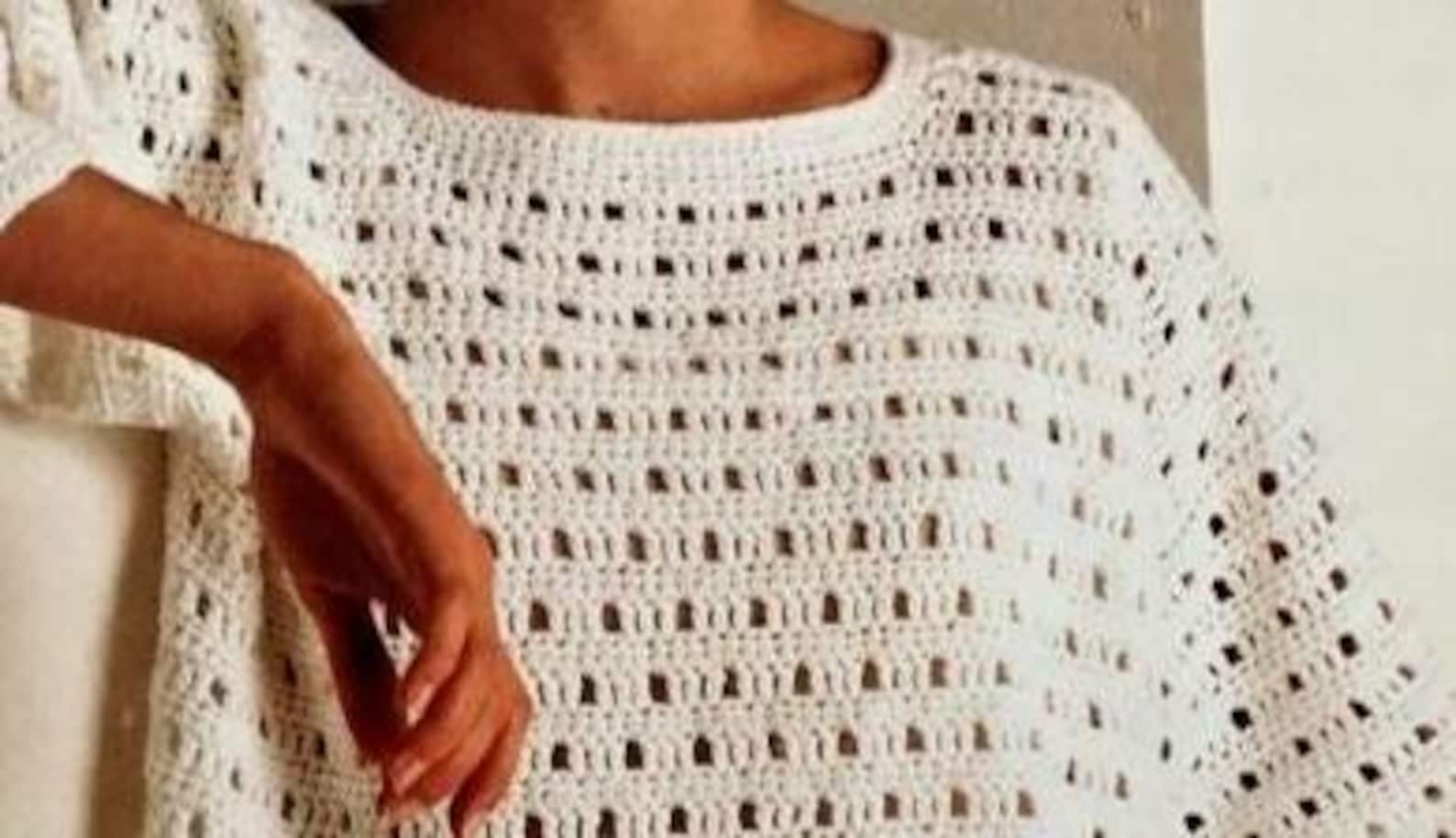 Ladies Lacy Crochet Pullover Sweater Long Sleeves Round Neck DK 8 Ply ...