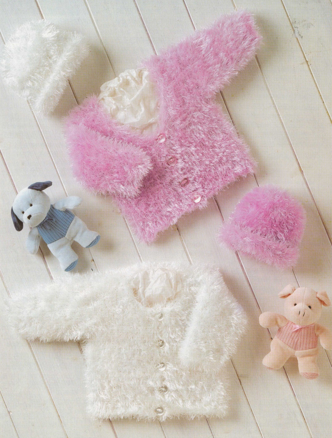 Girls Fluffy Cardigans Round Neck V Neck & Hat, Easy Knit in DK 8 Ply ...