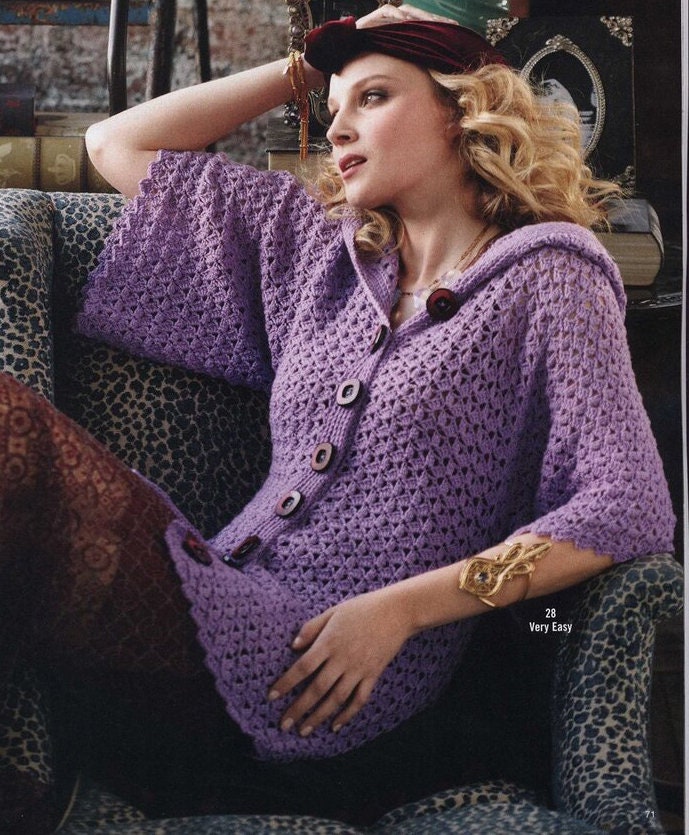 Ladies Crochet Textured Hooded- Jacket- 37- 53" Bust - Instant Download ...