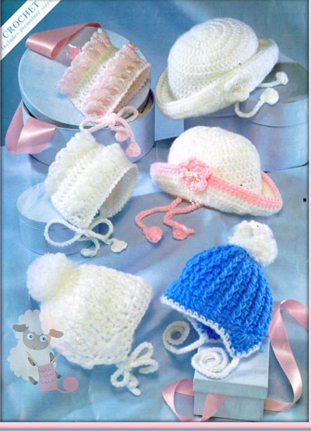 Baby Crochet Hat Bonnet Beret Frilly Cable in DK 6 Styles DK 8 Ply ...