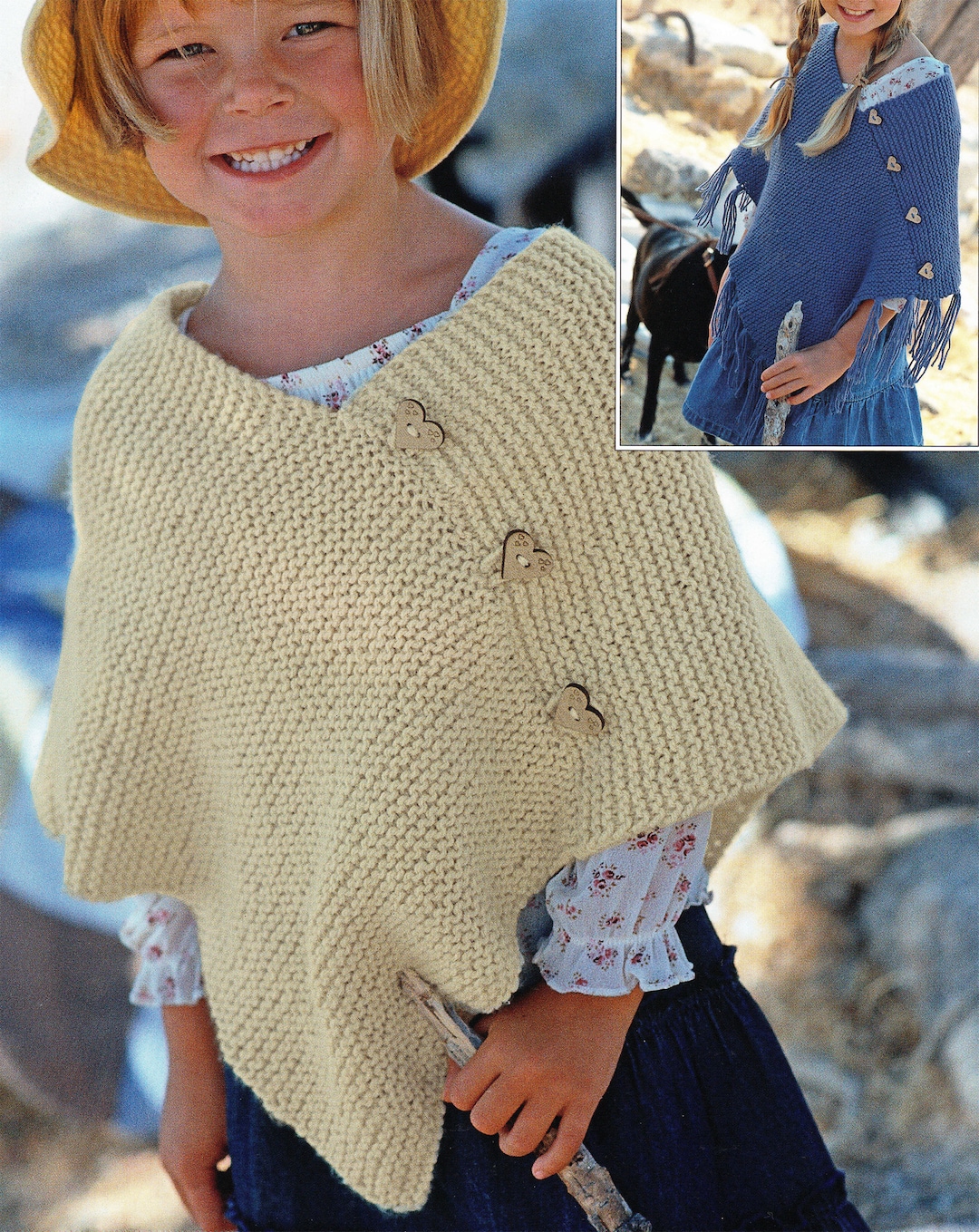 Girl's Very Easy Garter Stitch Poncho- 2 Styles Knitting Pattern - Aran ...