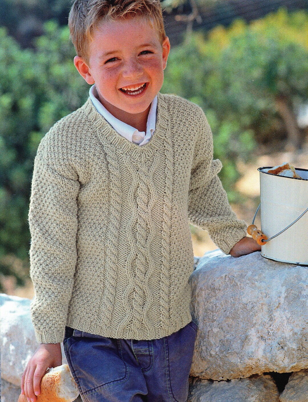 PDF KNITTING Pattern-boy-crew Neck- V Neck Cable Moss Stitch- Sweater ...