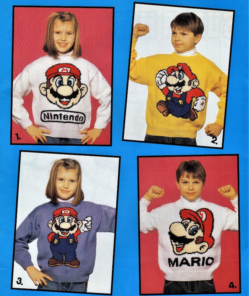Knitting Pattern- Boys - Super Mario Sweaters- Jumpers- 4 Styles DK -8 ...
