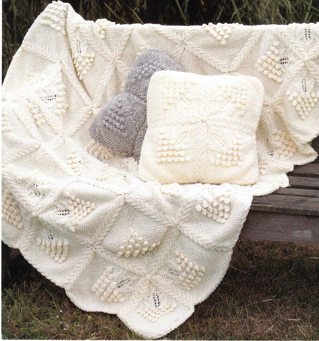 Aran Throw- Afghan & Cushion Covers Leaves Bobbles Design - -aran/10ply ...