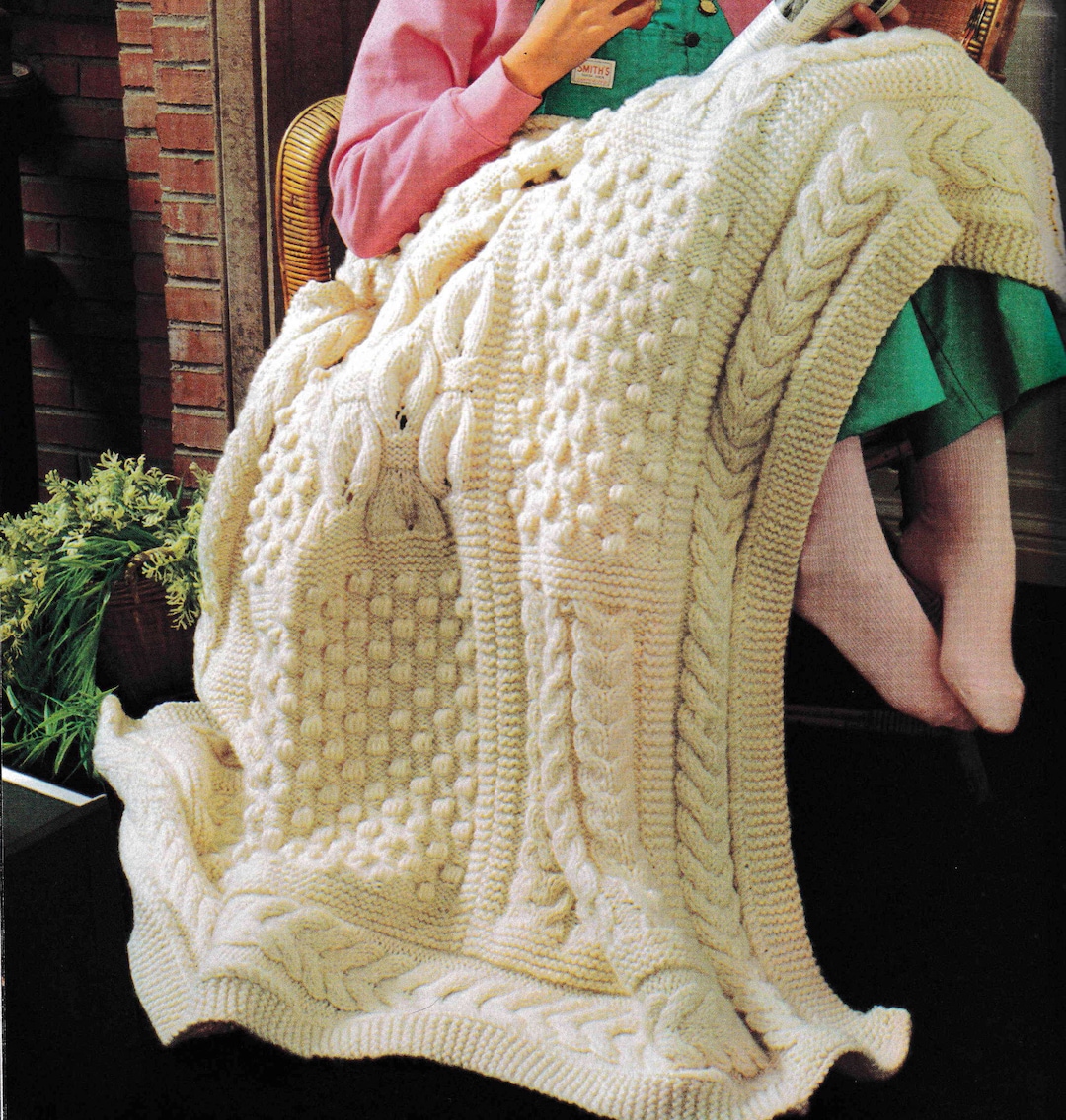 Aran Bobbles- Cables Afghan Blanket Throw Knitting Pattern- Aran 10 Ply ...