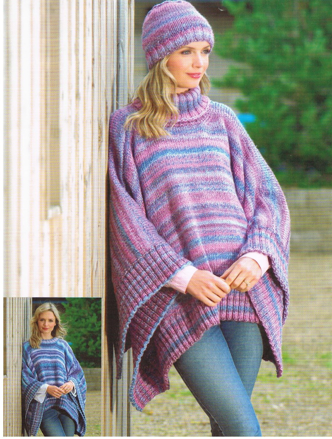 Woman's Easy Knit Poncho- Tabard & Hat Polo Neck- Crew Neck S-M-L Sizes ...