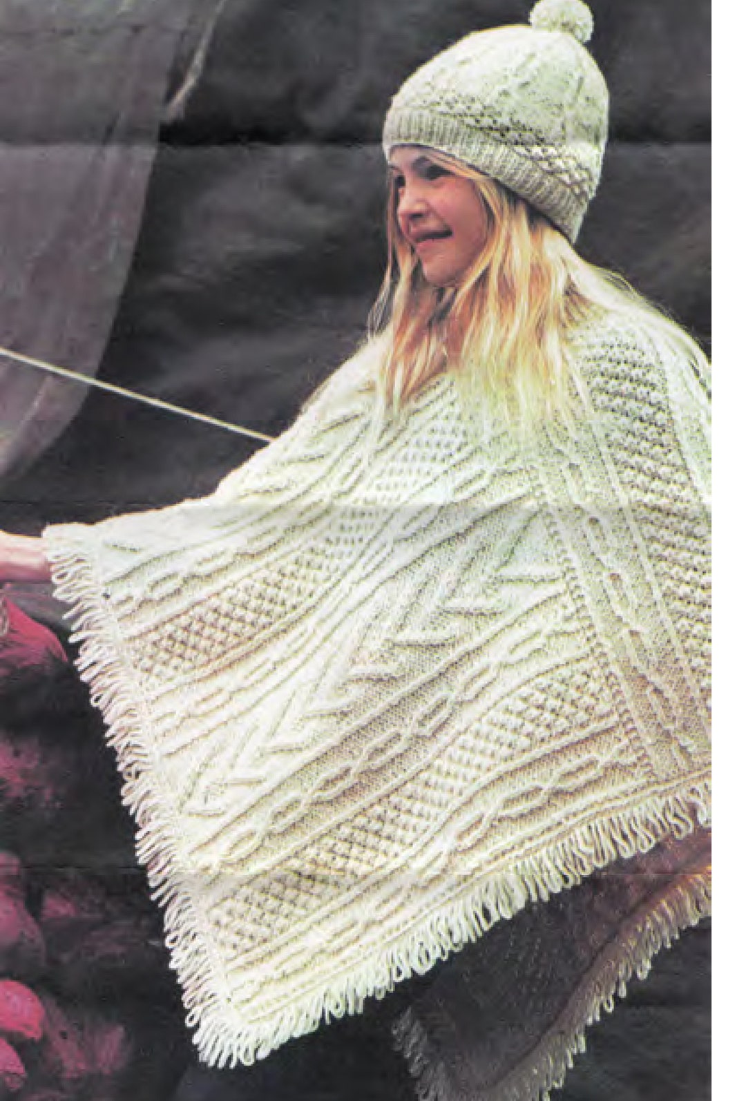 Girl's Aran Cable Poncho & Bobble Hat Knitting Pattern - Instant ...