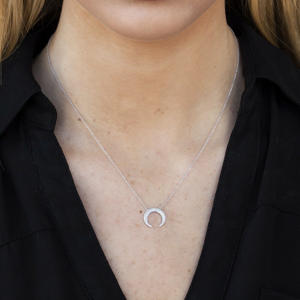 Diamond Crescent Moon Pendant Necklace 14K Rose Gold Pave Set | Etsy