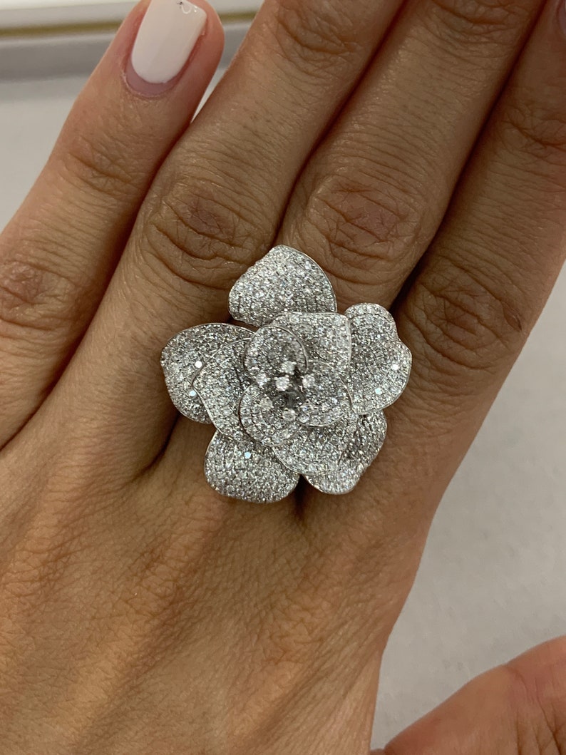 14K White Gold Diamond Flower Ring Pave Set Round Cut Natural - Etsy
