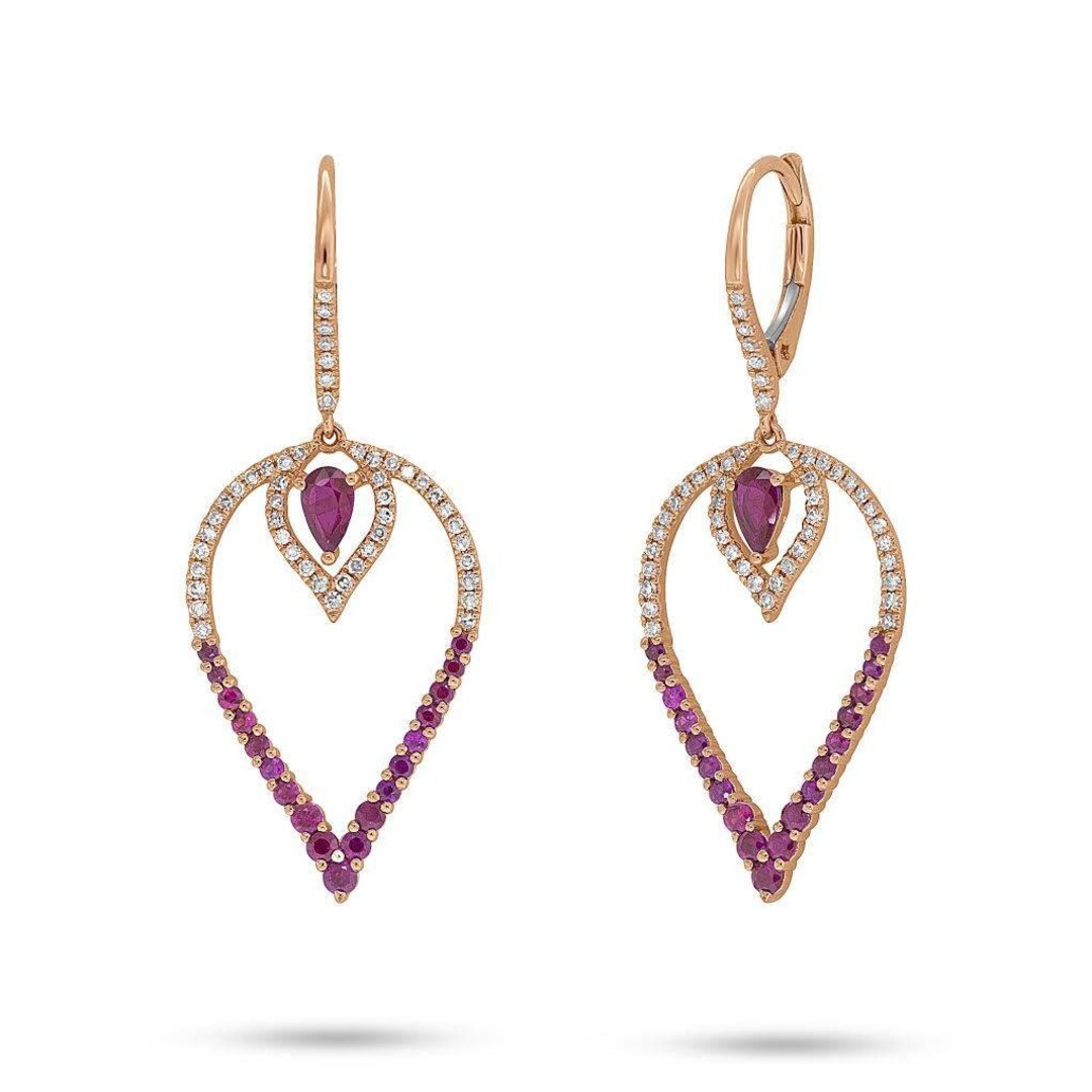 Intricate 14K Rose Gold Ruby and Diamond Tear Drop Dangling Earrings Pear Ruby Earrings ...