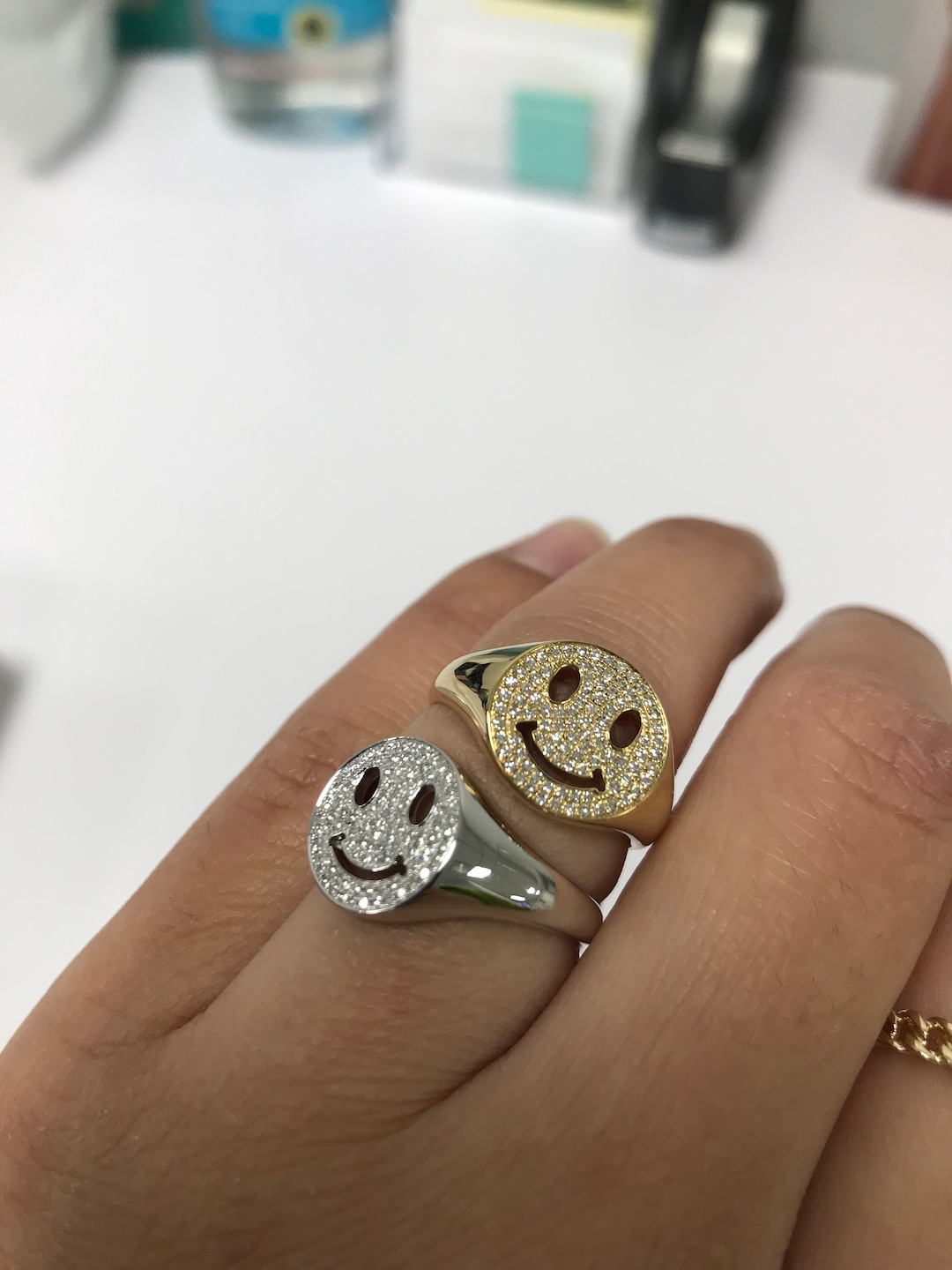 Smiley Happy Face Diamond Ring 14K Gold Certified Natural Pave Set 0 ...