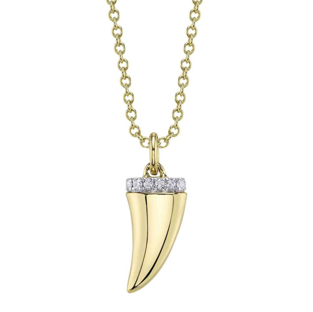 14K Yellow Gold Diamond Tusk Pendant Necklace Certified Natural 0.03 CT ...
