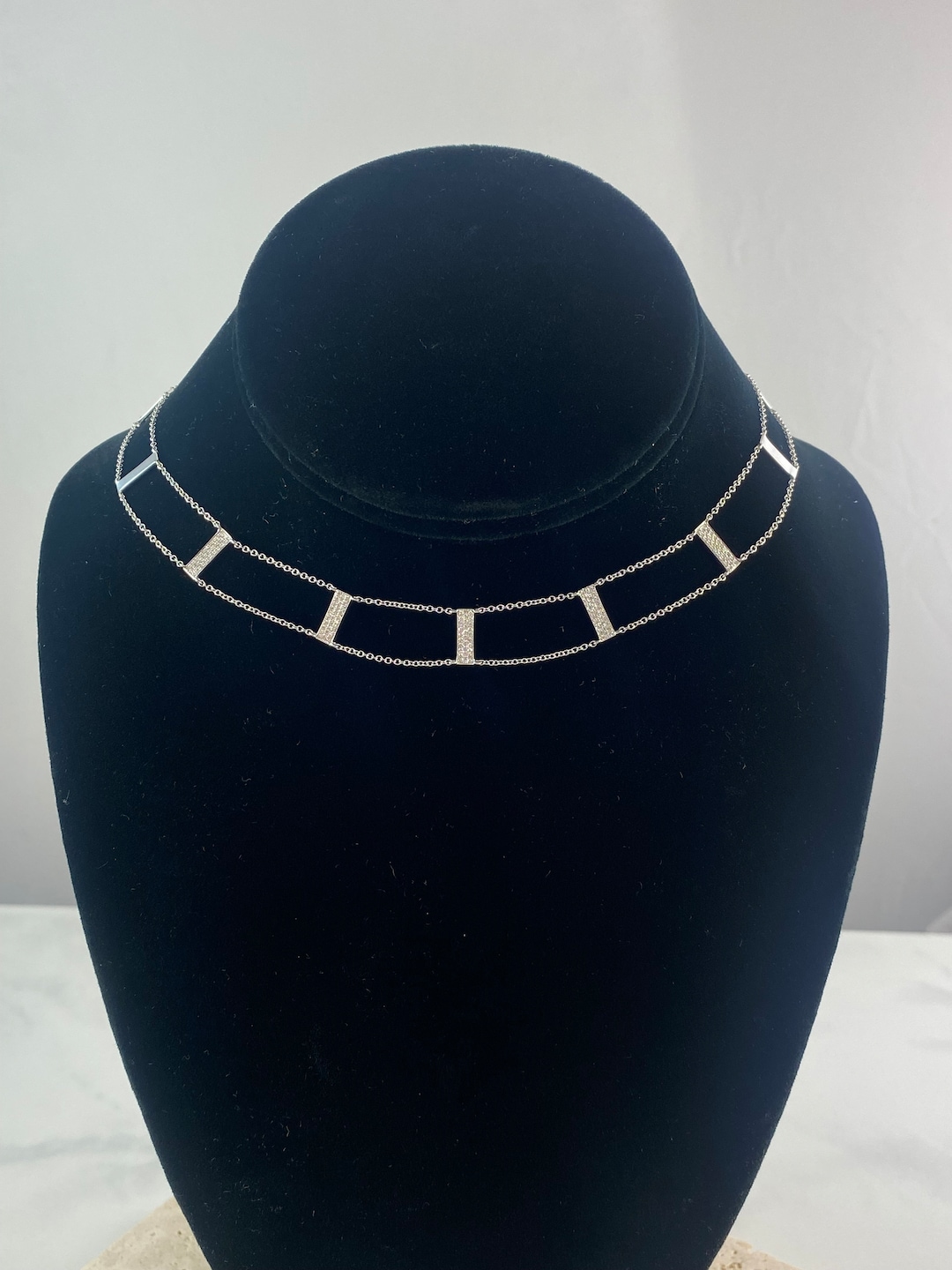 Diamond Ladder Bar Necklace 14K White Gold Choker or Collar Adjustable ...