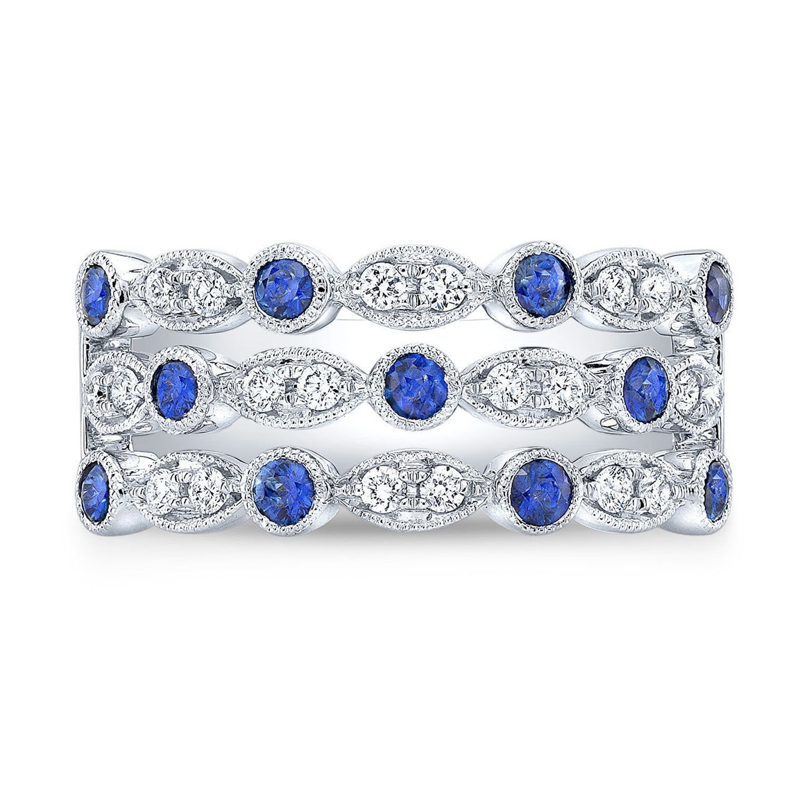 Blue Sapphire Diamond Multi Row Ring 3 Bands Alternating 14K - Etsy