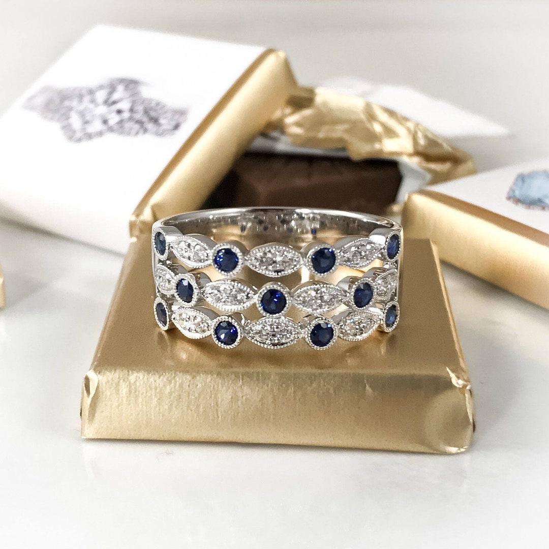 Blue Sapphire Diamond Multi Row Ring 3 Bands Alternating 14K White Gold ...