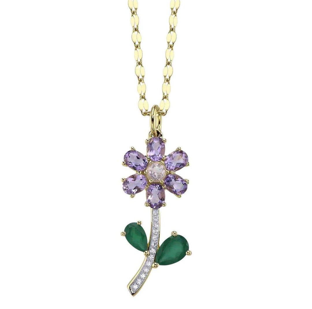 Diamond Multi Color Gemstone Flower Pendant Necklace 14K Yellow Gold ...