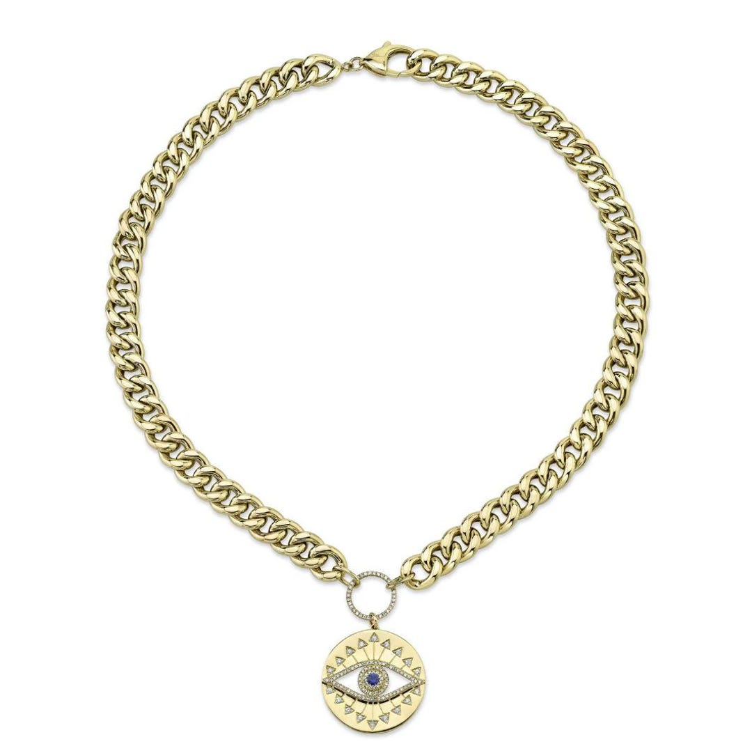 14K Yellow Gold Evil Eye Link Necklace Diamond and Blue Sapphire Circle ...