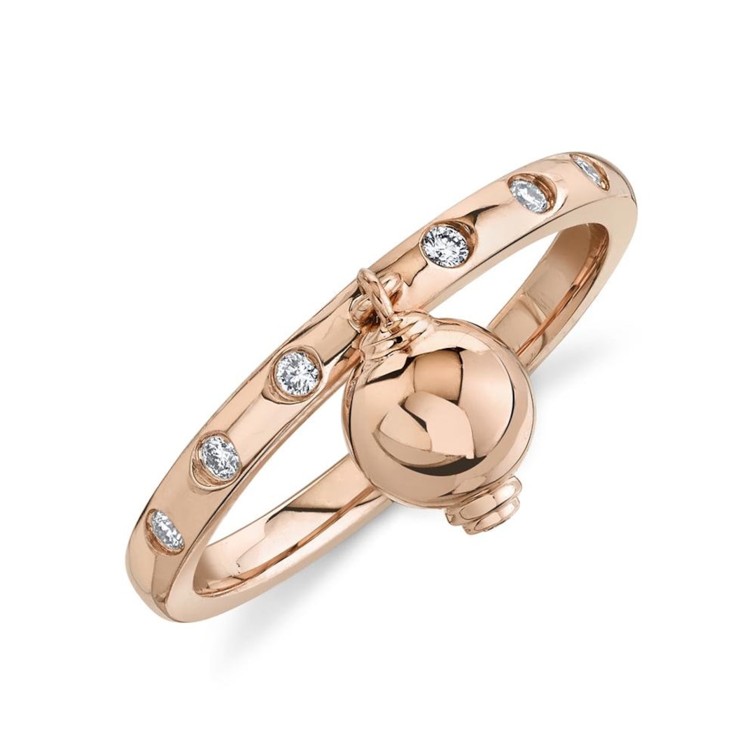 Dangling Ball Diamond Ring 14K Rose Gold Bezel Set Band Womens ...