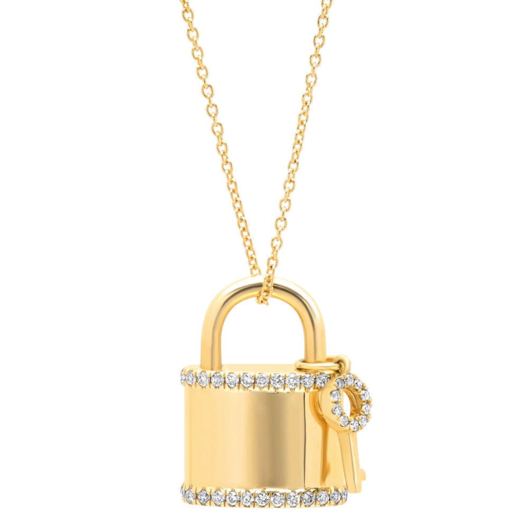 Certified Diamond Lock Pendant, 0.21ct 14k Yellow Gold Natural Real ...