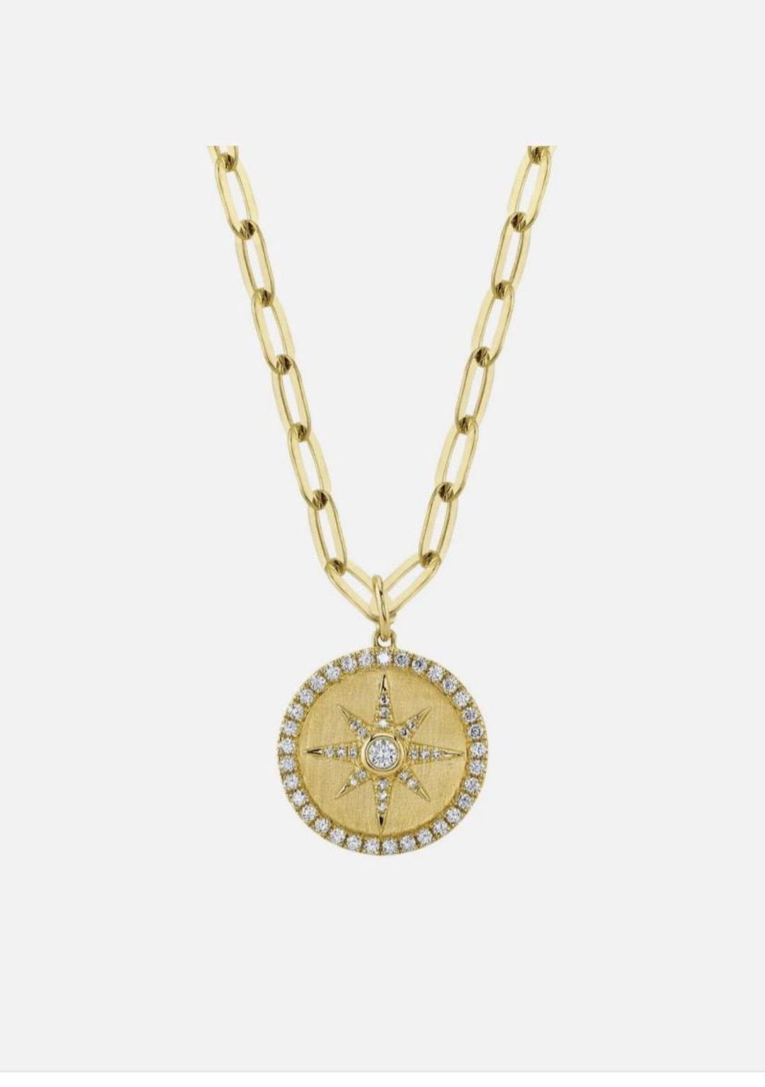 14K Yellow Gold Diamond Star Disc Disk Necklace Paperclip Chain North ...