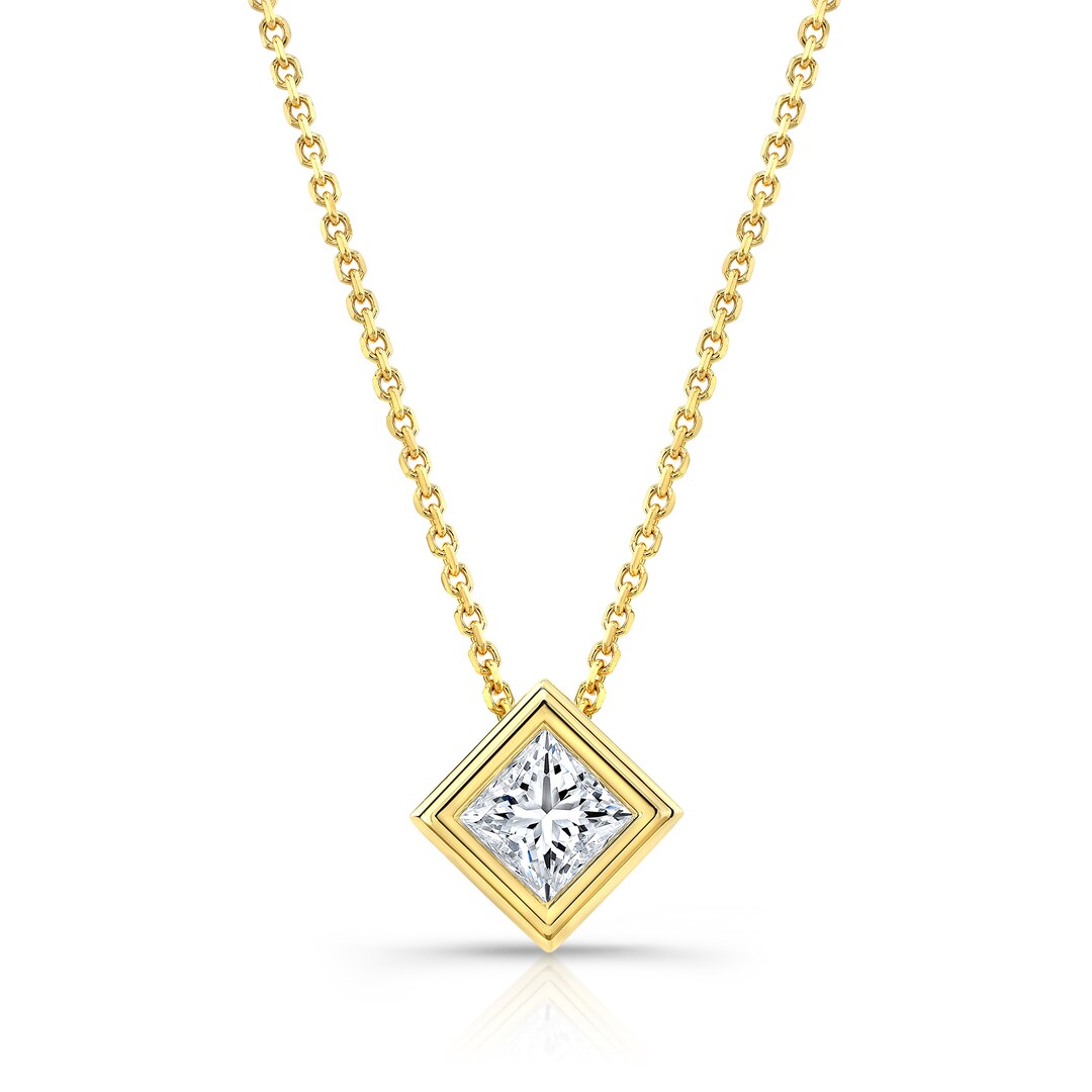 Princess Cut Diamond Solitaire Pendant Necklace 14K Yellow Gold 0.74 CT ...