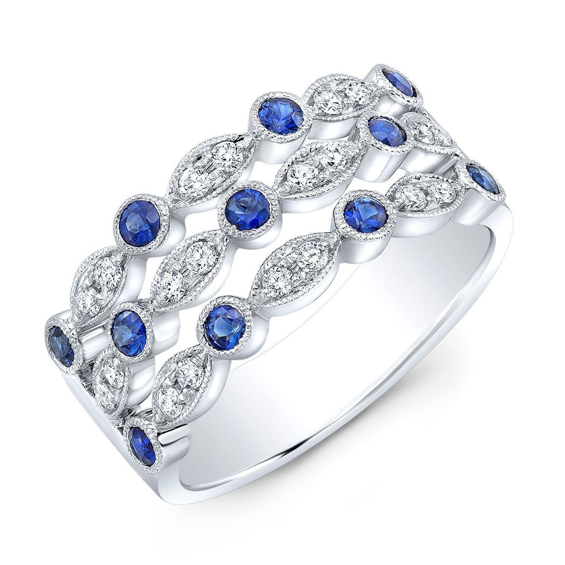 Blue Sapphire Diamond Multi Row Ring 3 Bands Alternating 14K - Etsy