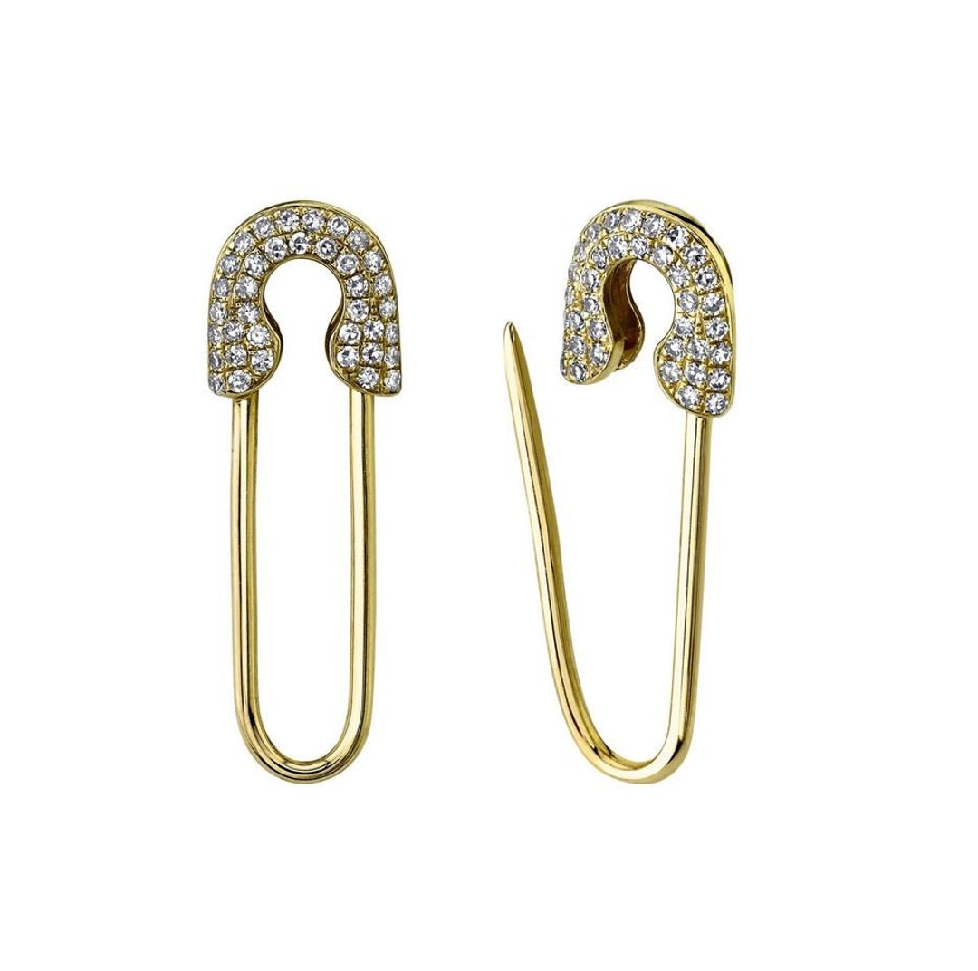 14K Solid Gold Diamond Safety Pin Earrings Natural 0.21 CT Certified ...