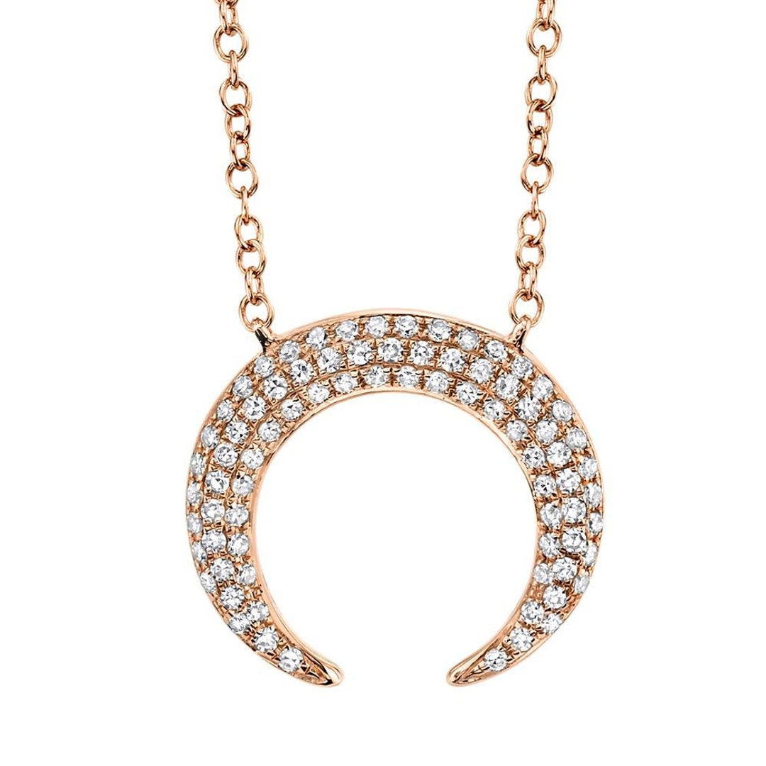 Diamond Crescent Moon Pendant Necklace 14K Rose Gold Pave Set Round Cut ...