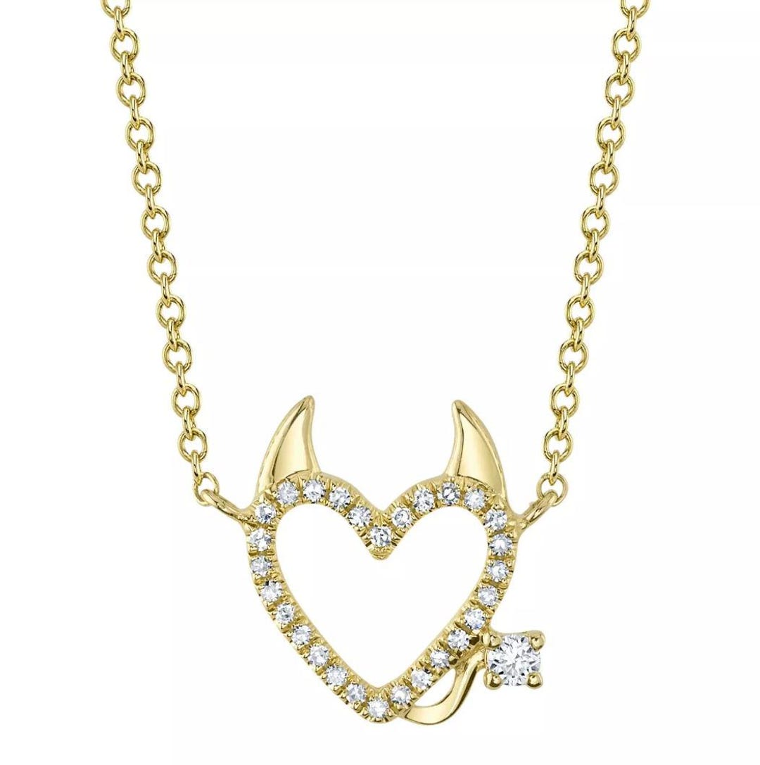 Diamond Devil Heart Necklace 14K Yellow Gold Certified Natural 0.10 CT ...