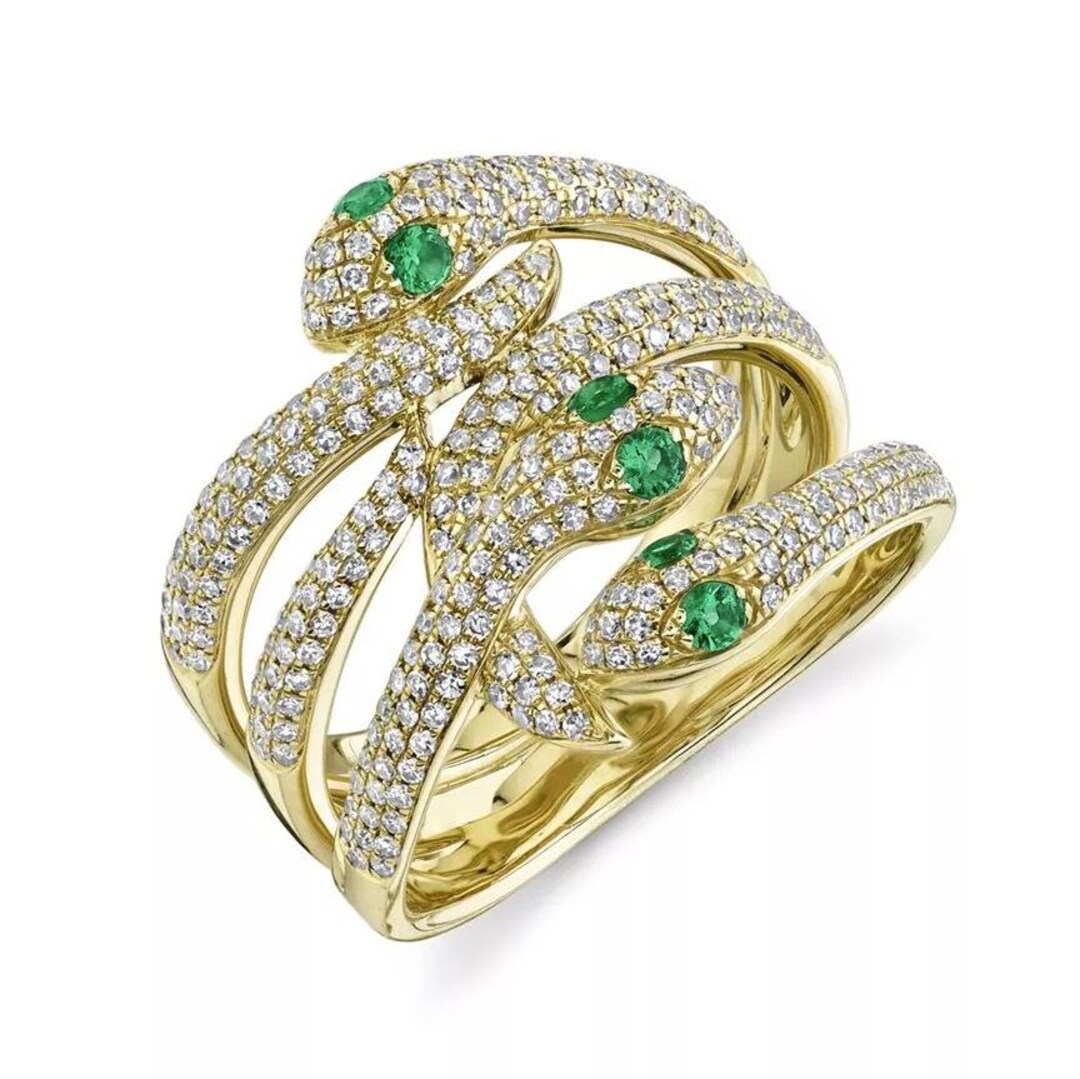 Emerald and Diamond Snake Ring 14K Yellow Gold Certified Natural 0.87 ...