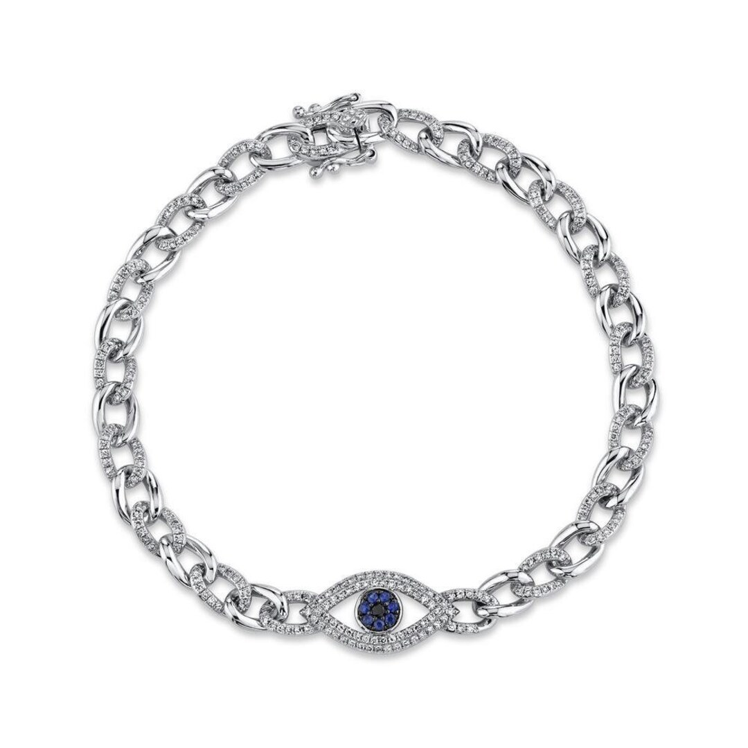 Diamond Blue Sapphire Eye Link Chain Bracelet 14k White Gold Black ...