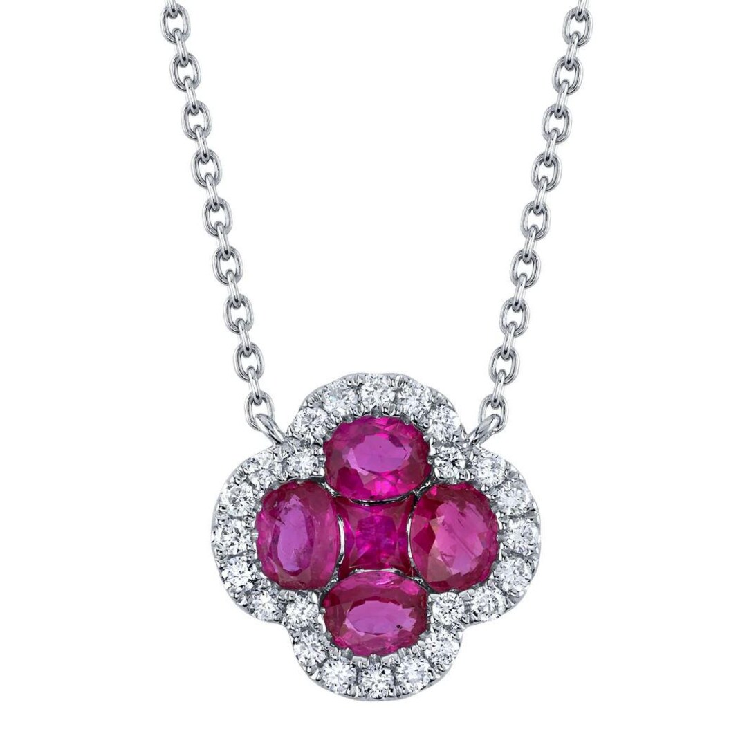 Diamond Ruby Clover Pendant Necklace 14K White Gold Certified Natural 1 ...