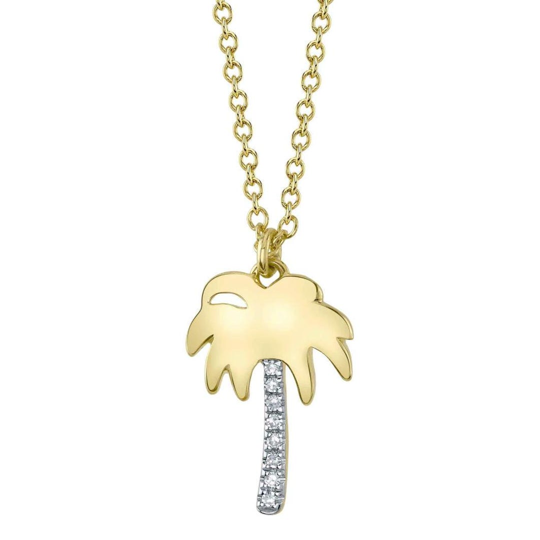 Diamond Palm Tree Pendant Necklace 14K Solid Yellow Gold Certified ...