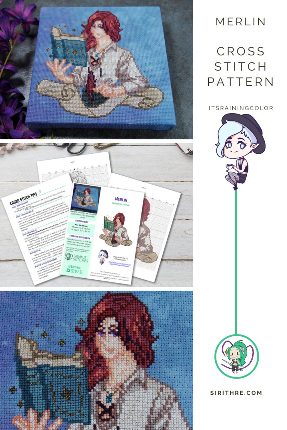 Wizard Cross Stitch Pattern Itsrainingcolor Merlin OC Art - Etsy