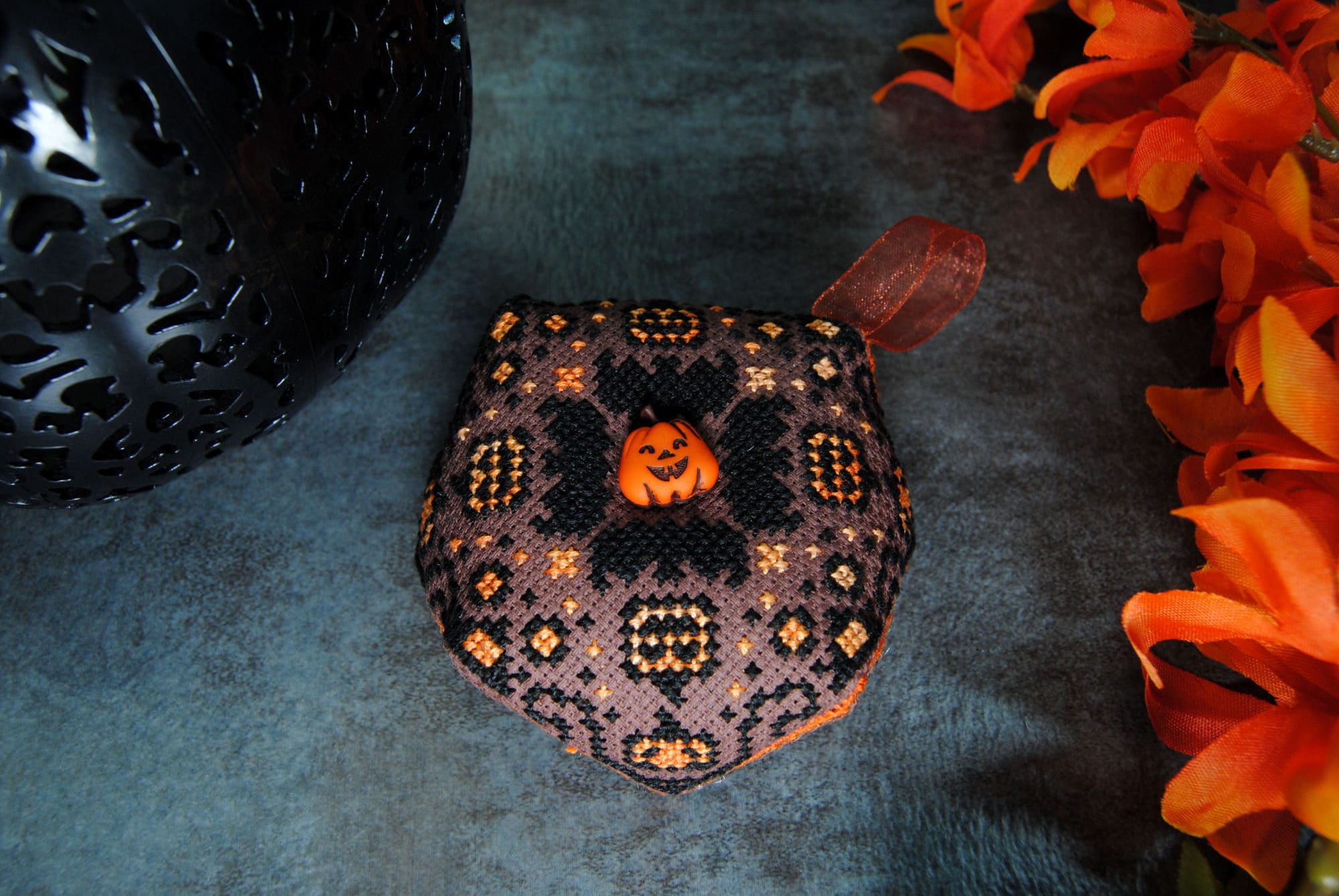 Biscornu Cross Stitch Pattern - Halloween Pumpkin & Bats - Design for ...