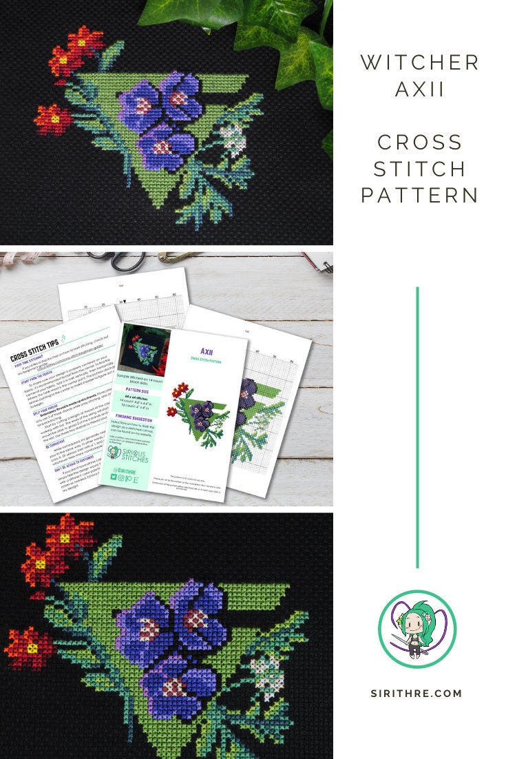 Witcher Cross Stitch Pattern - Axii Sign Floral Art Design - DIY ...
