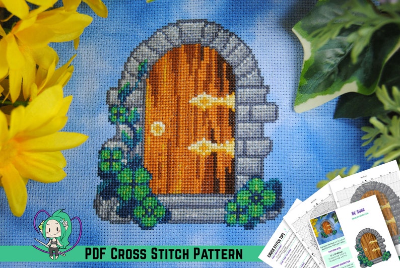 Faerie Door Cross Stitch Pattern - Wood and Stone Door With Clovers ...