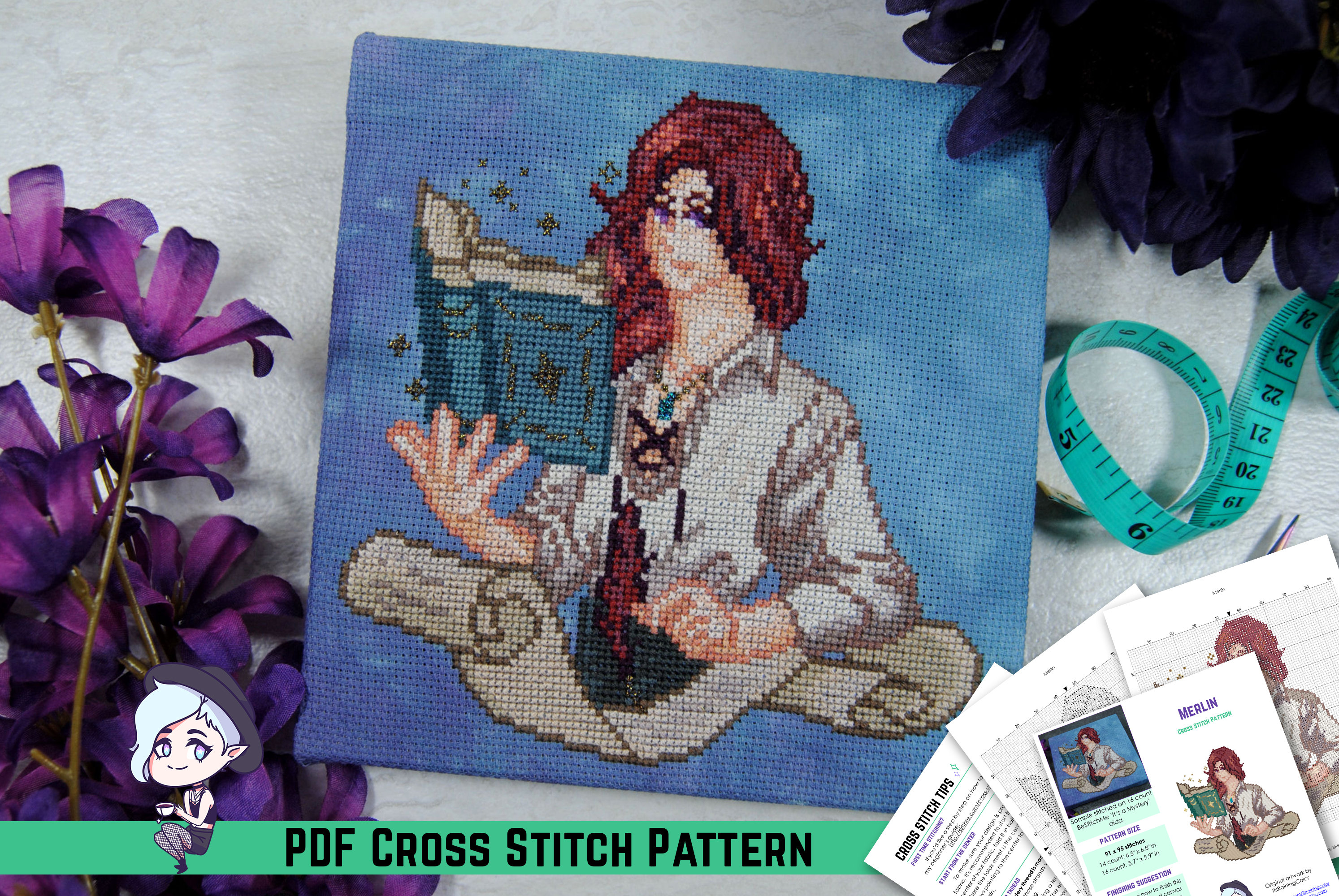 Wizard Cross Stitch Pattern Itsrainingcolor Merlin OC Art - Etsy