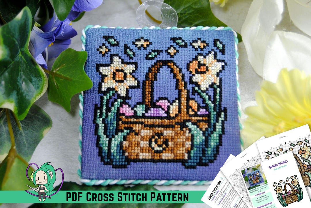 Pastel Easter Cross Stitch Pattern - Ostara Basket - Cute Daffodil ...