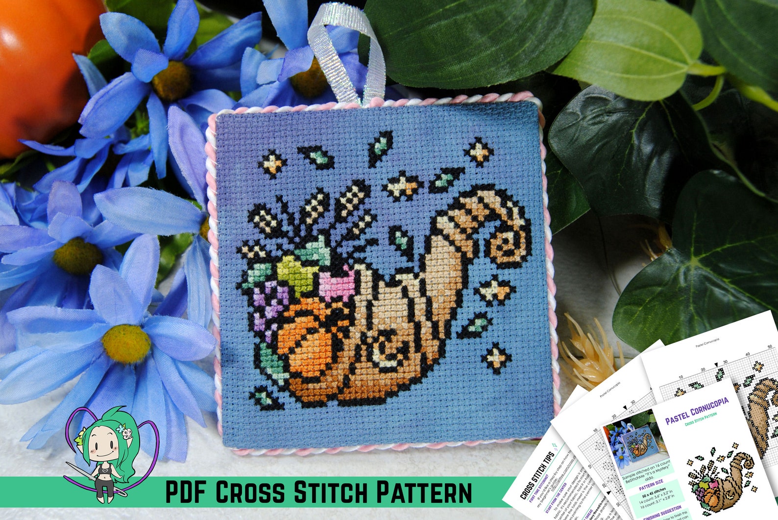 Pastel Cornucopia Cross Stitch Pattern - Horn of Plenty - Kawaii Cute ...
