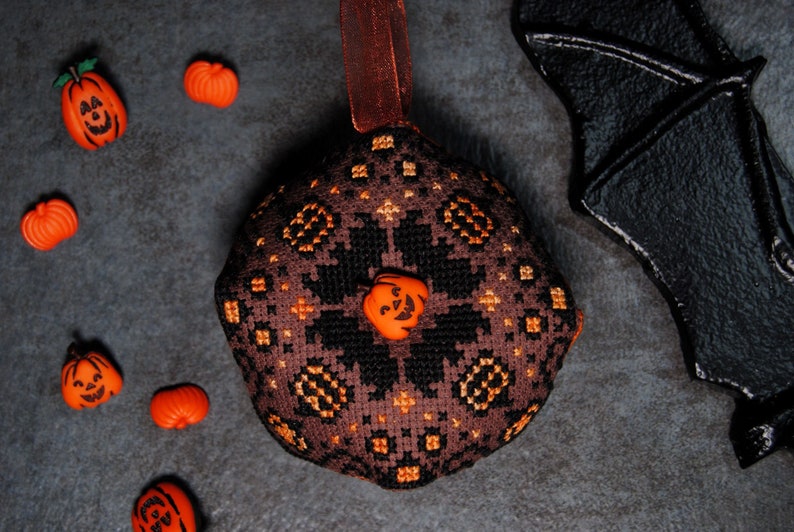 Biscornu Cross Stitch Pattern - Halloween Pumpkin & Bats - Design for ...
