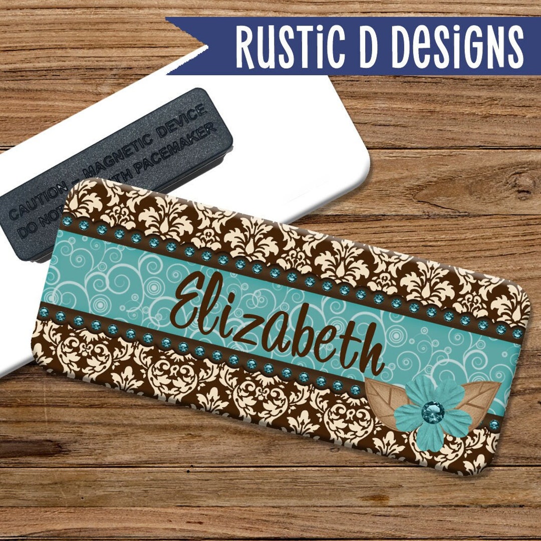 Turquoise Damask Magnetic Name Tag Badge - Etsy