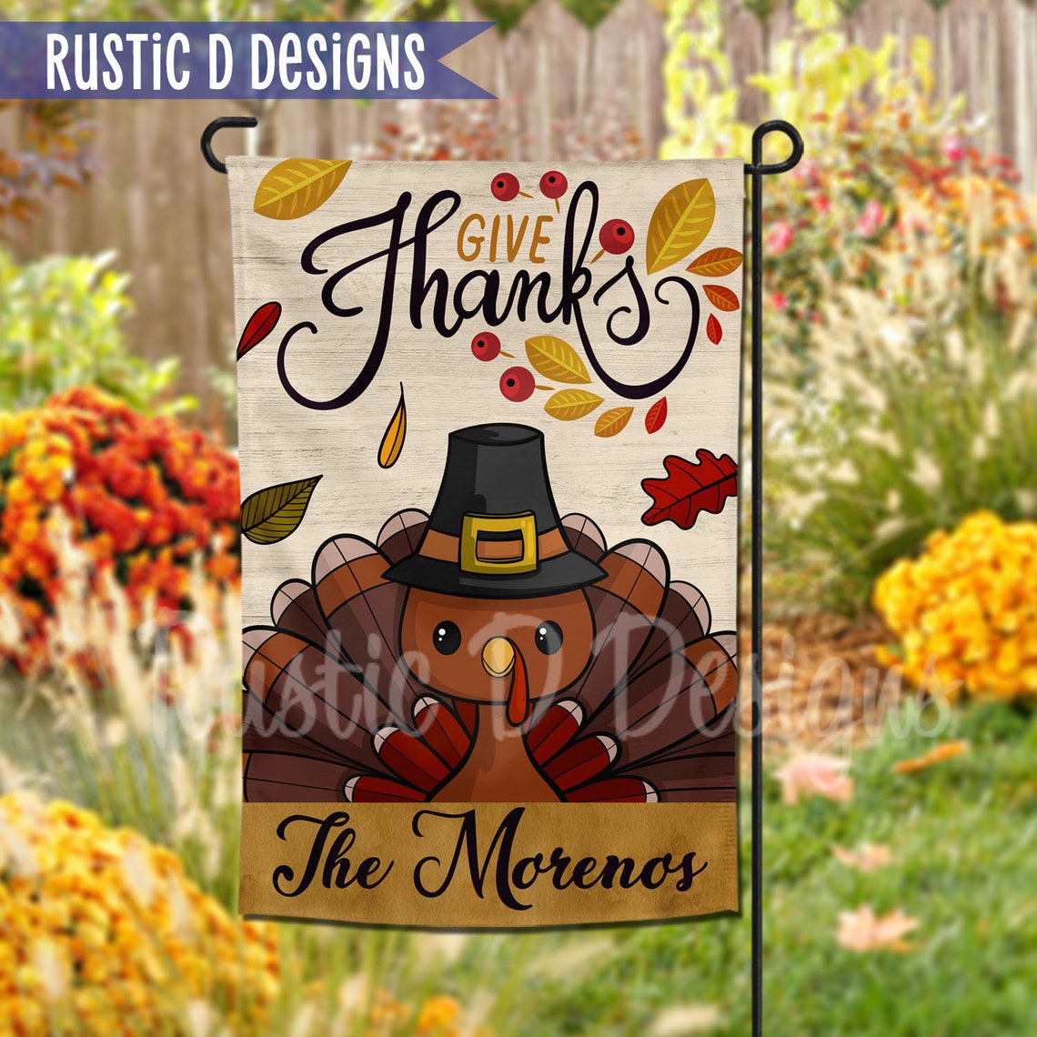Give Thanks Thanksgiving Turkey Welcome Personalized Home Garden Banner ...