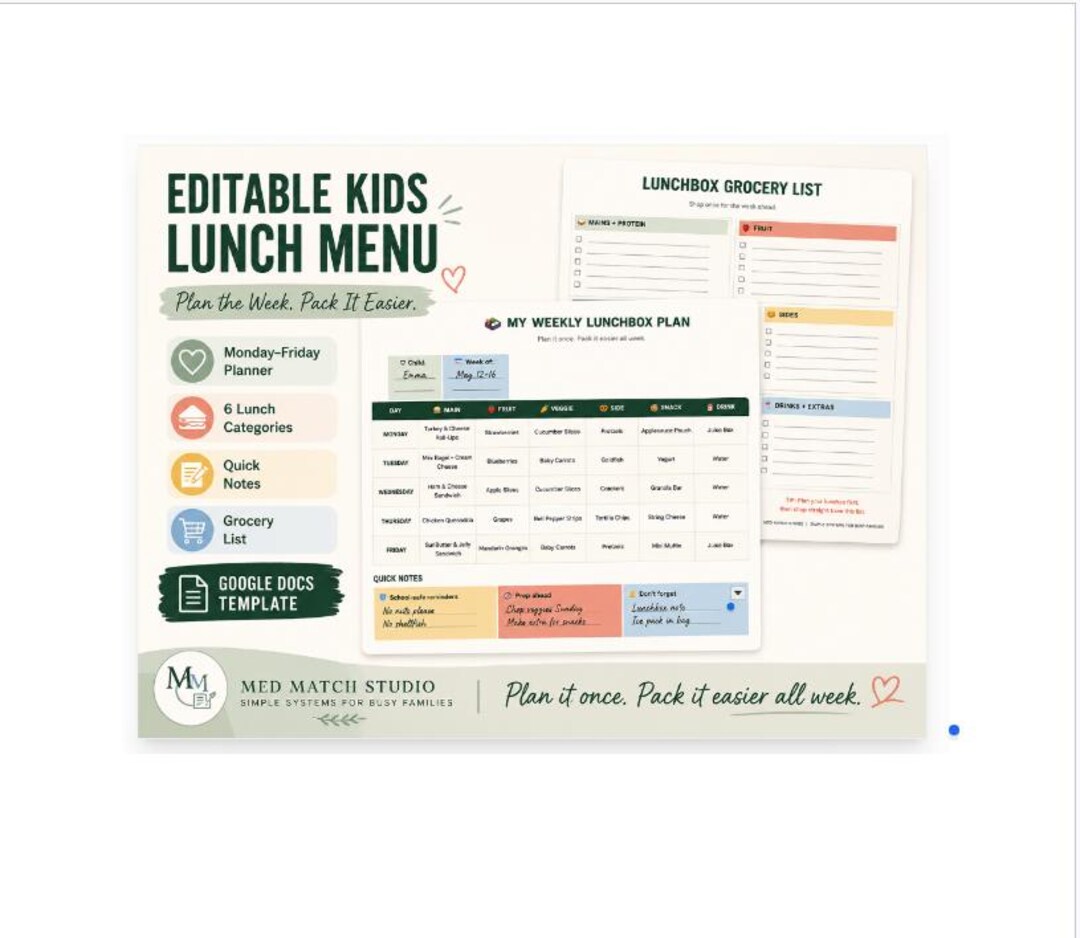 Editable Kids Lunch Menu Template | Weekly School Lunch Planner for ...