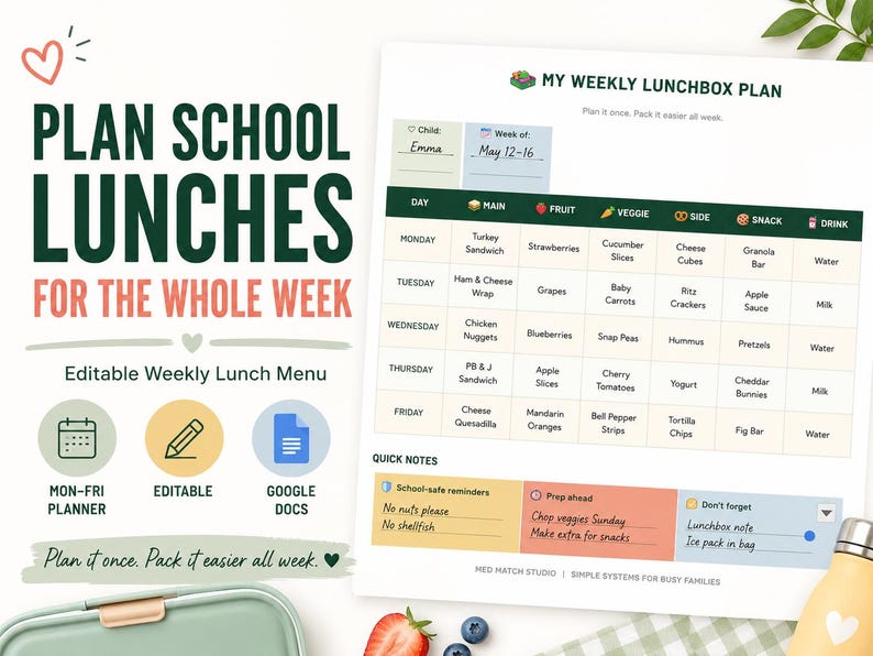 Editable Kids Lunch Menu Template | Weekly School Lunch Planner for ...