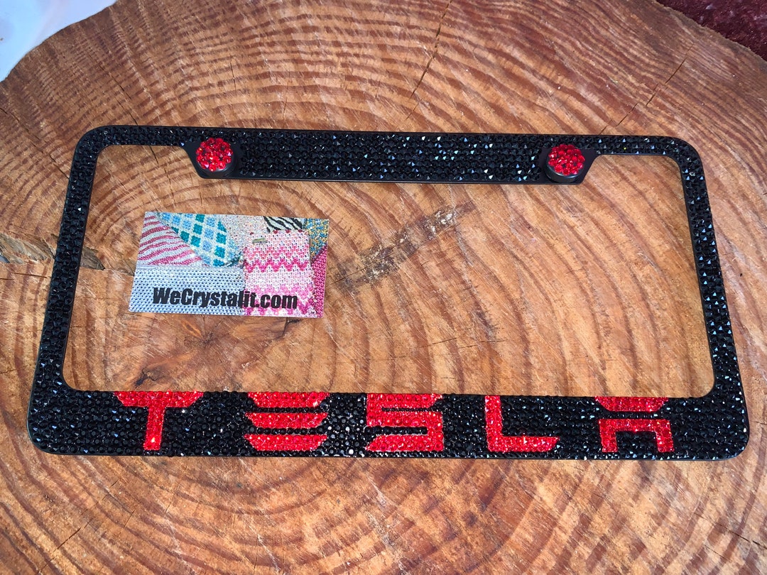 Tesla Black Red Crystal Sparkle Auto Bling Rhinestone License Plate ...